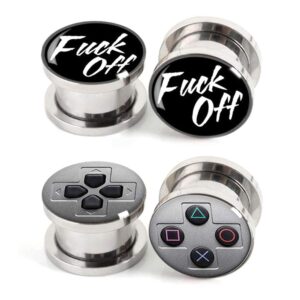 awinrel 2g stainless steel ear gauges plug game console and f**k off tunnel stretching expander body piercing jewelry 4 pieces set 6mm