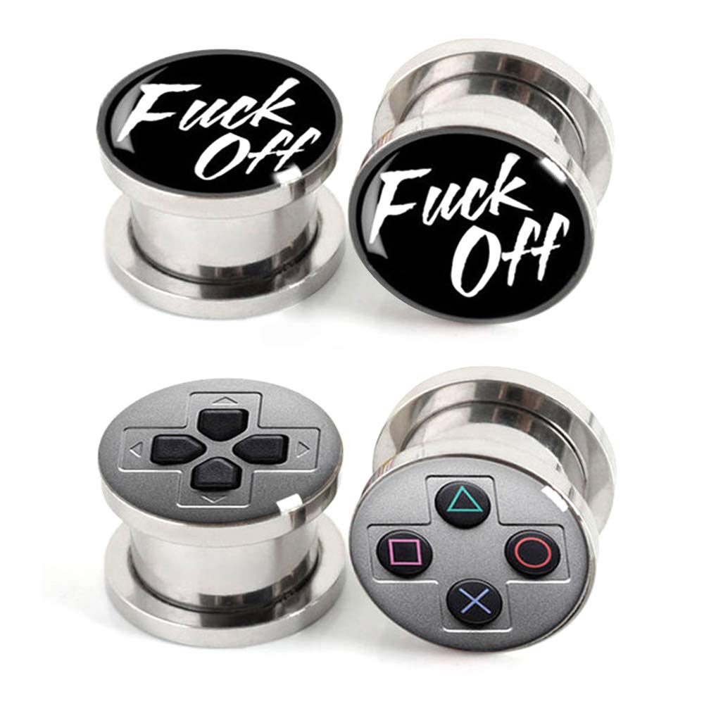 Awinrel 2G Stainless Steel Ear Gauges Plug Game Console and F**k Off Tunnel Stretching Expander Body Piercing Jewelry 4 Pieces Set 6mm