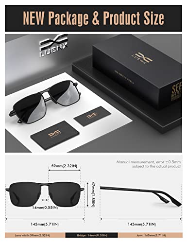 LUENX Men Rectangular Polarized Sunglasses Square Retro Shades - Black Lens Black Frame 59mm