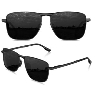 LUENX Men Rectangular Polarized Sunglasses Square Retro Shades - Black Lens Black Frame 59mm