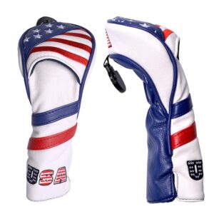 plusker patriotic golf club head cover - embroidered usa flag design on pu leather with interchangeable number tags (2,3,4,5,6,ut) for hybrid clubs