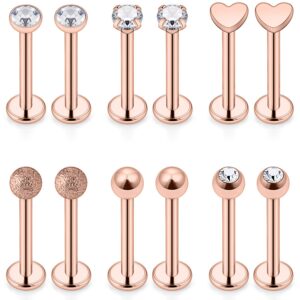 lcolyoli lip ring 16g 316l stainless steel labret monroe barbell 3mm round cz gem heart cartilage helix tragus nose stud piercing jewelry for women men 12pcs ball with flat back rose gold