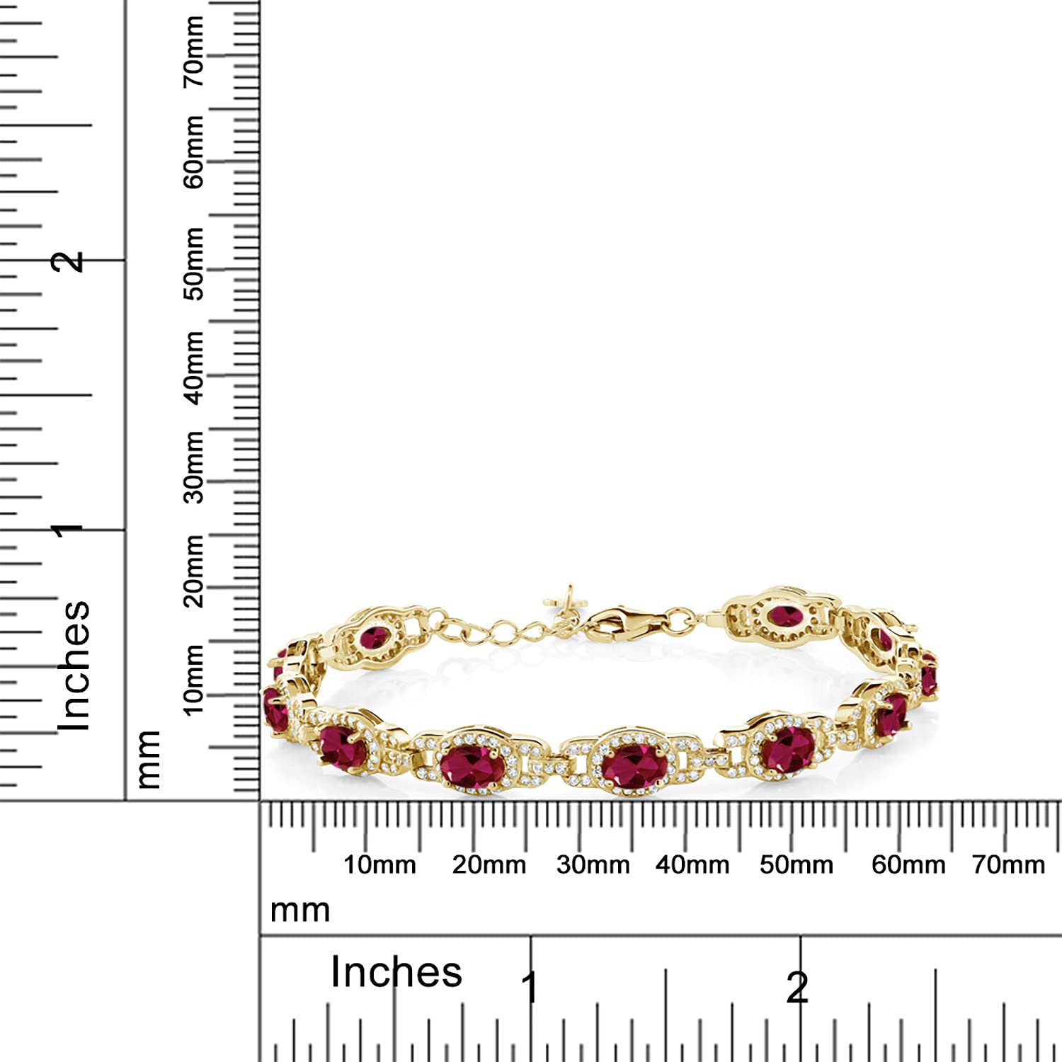 Gem Stone King 18K Yellow Gold Plated Silver Oval Red Created Ruby Tennis Bracelet For Women (14.60 Cttw, 7 inch with 1 inch Extender)