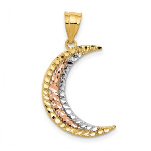 14k tri-color yellow white and rose gold crescent moon pendant 28 mm x 14 mm