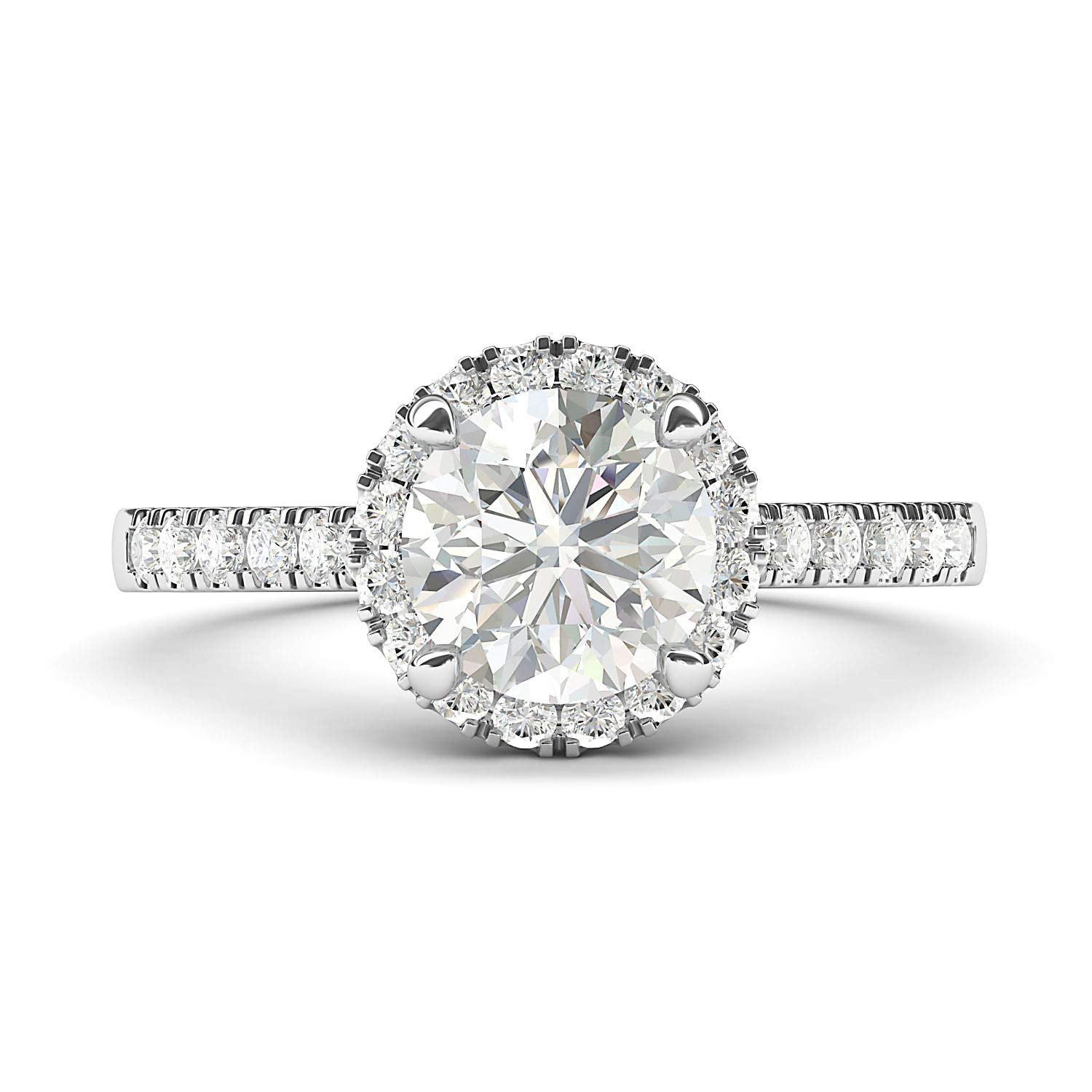 14k White Gold Classic Simulated Round Brilliant Cut Diamond Halo Engagement Ring with Side Stones (7)