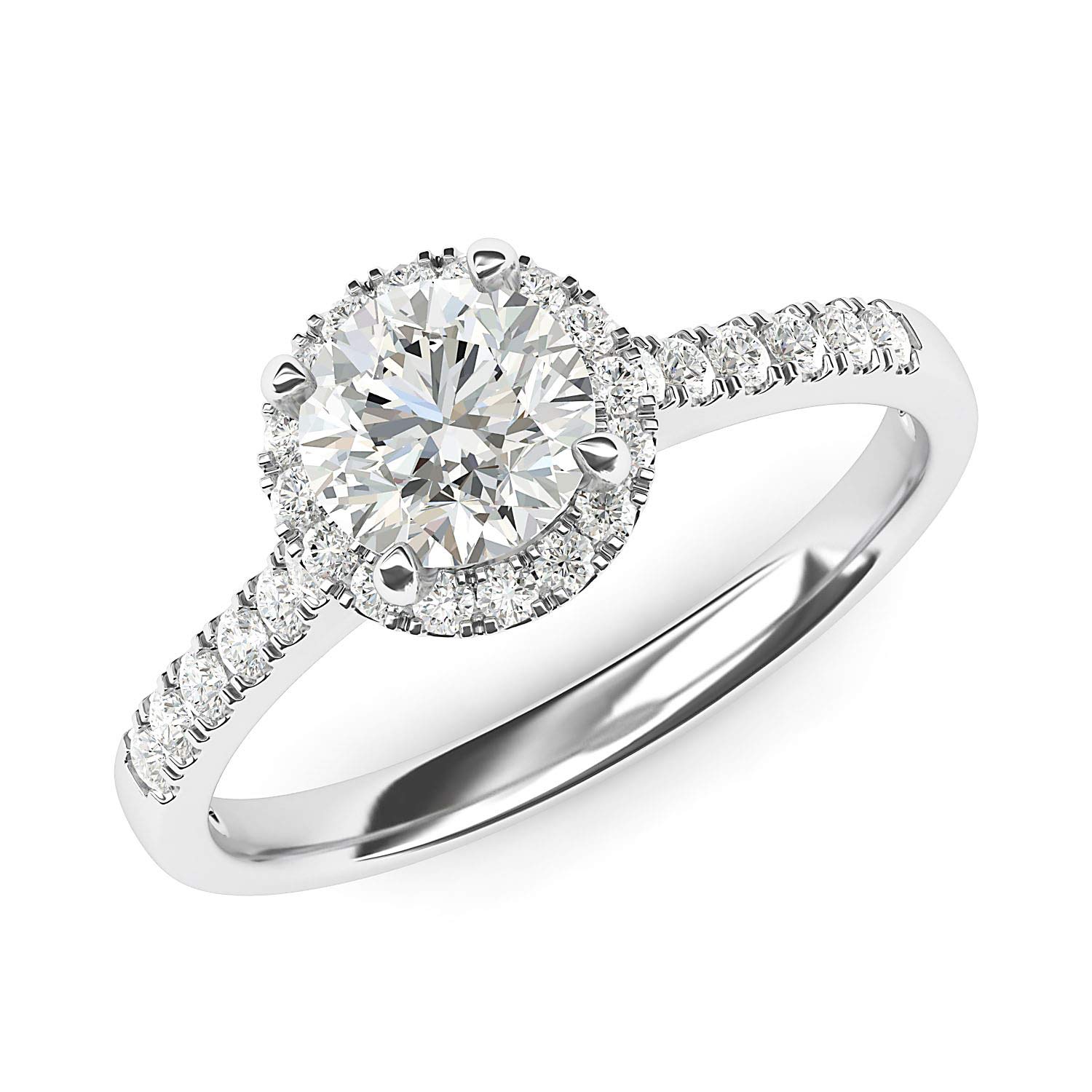 14k White Gold Classic Simulated Round Brilliant Cut Diamond Halo Engagement Ring with Side Stones (7)