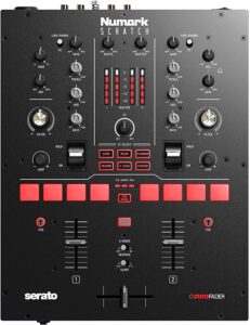 numark scratch | two-channel dj scratch mixer for serato dj pro (included) with innofader crossfader, dvs license, 6 direct access effect selectors, performance pads and 24-bit sound quality