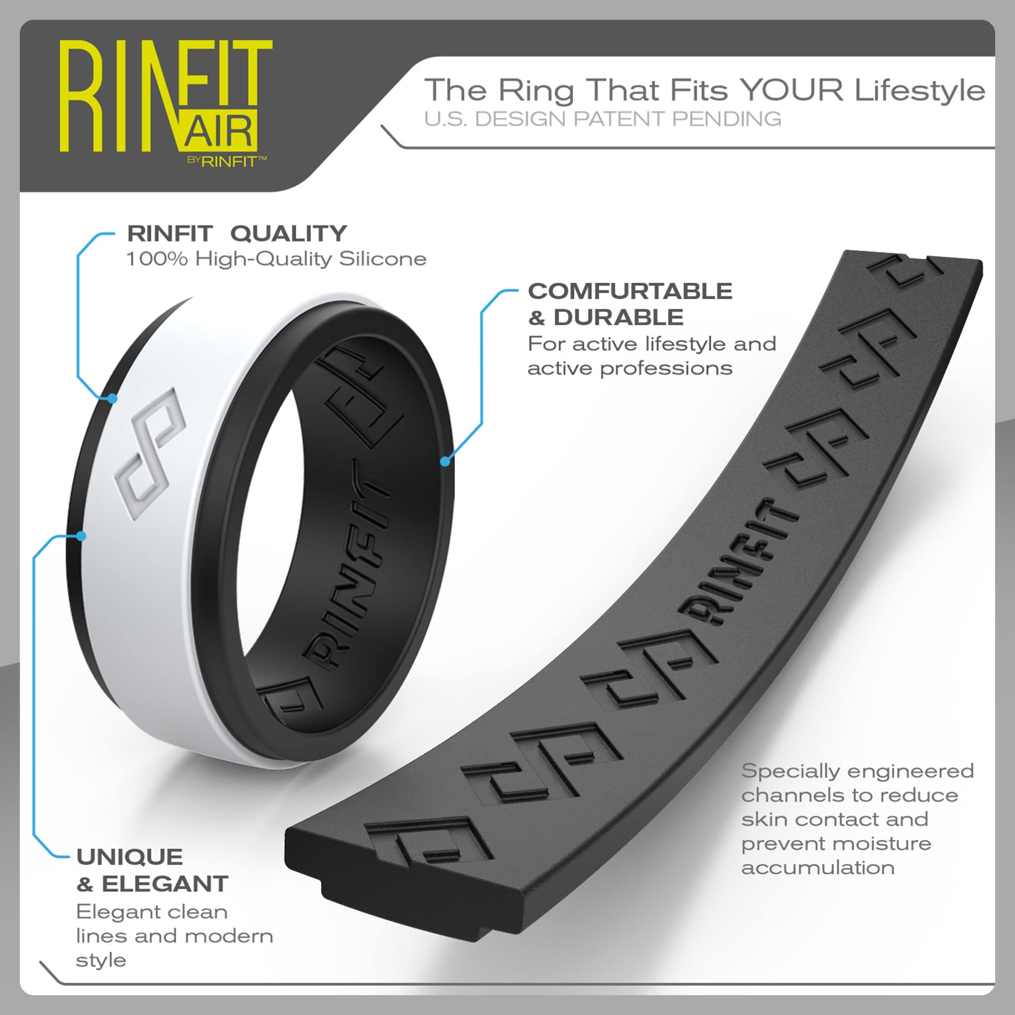 Rinfit Silicone Rings for Men - Mens Silicone Wedding Bands - Infinity Ring with 2 Layers - Rubber Wedding Ring - Patented Design - Set #1, Size 10