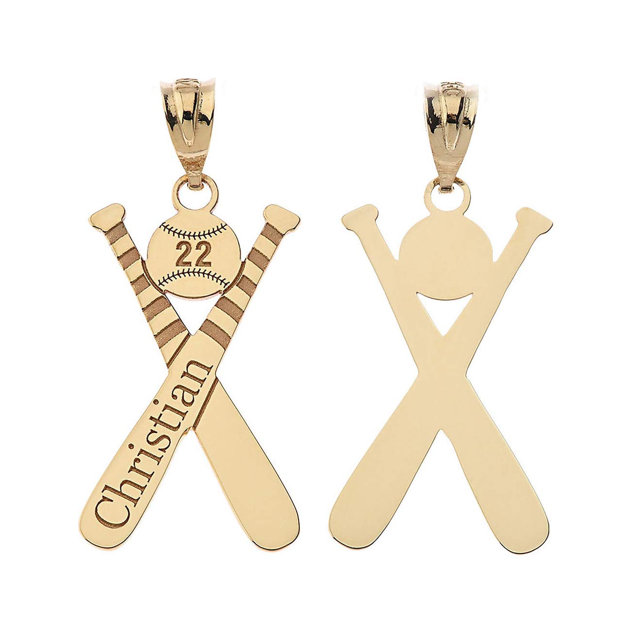 Certified 14k Yellow Gold Personalized Baseball and Baseball Bat Cross Sports Pendant with Your Name and Number