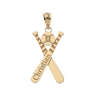 Certified 14k Yellow Gold Personalized Baseball and Baseball Bat Cross Sports Pendant with Your Name and Number