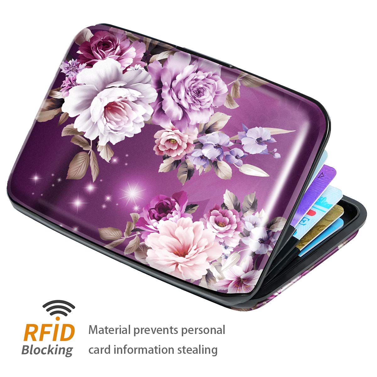 Credit Card Holder for Women,RFID Blocking Slim Hard Mini Flowers Card Case ID Case Travel Wallet Purple