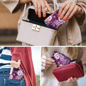 Credit Card Holder for Women,RFID Blocking Slim Hard Mini Flowers Card Case ID Case Travel Wallet Purple