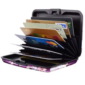 Credit Card Holder for Women,RFID Blocking Slim Hard Mini Flowers Card Case ID Case Travel Wallet Purple