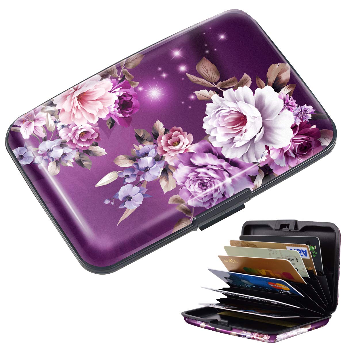 Credit Card Holder for Women,RFID Blocking Slim Hard Mini Flowers Card Case ID Case Travel Wallet Purple