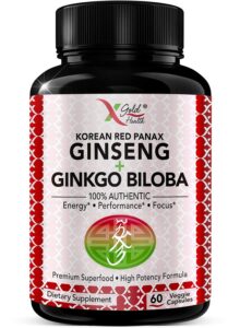 korean red panax ginseng 1200mg + ginkgo biloba - extra strength root extract powder supplement w/high ginsenosides vegan capsules for energy, performance & focus - supplement for men & women