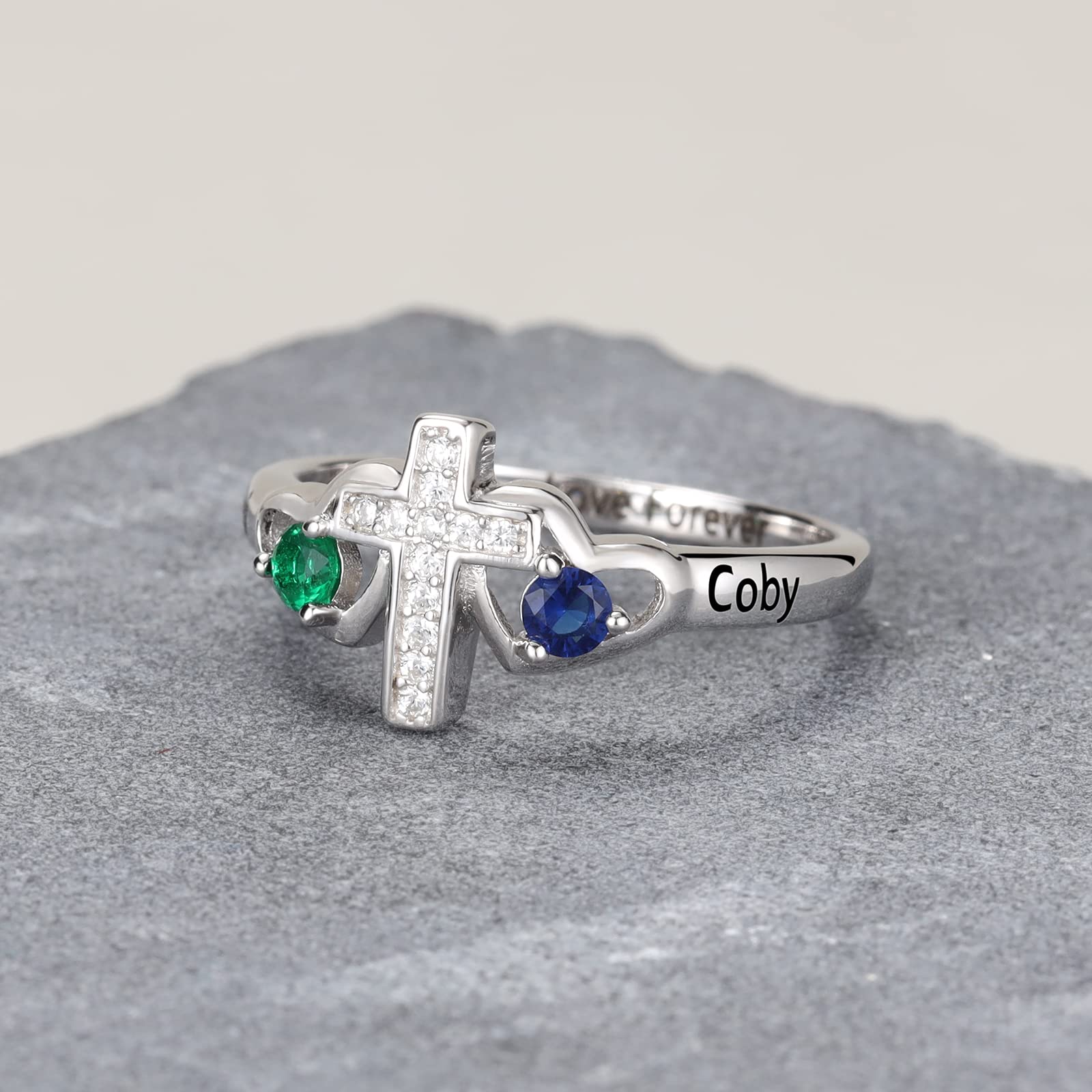 FenFang Personalized Cross Rings for Women with 2 Birthstone Custom Mom Rings with 2 Names Mothers Cross Name Rings Promise Rings for Her Mothers Day Gifts