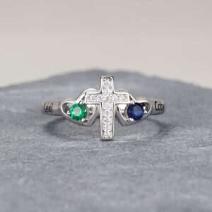 FenFang Personalized Cross Rings for Women with 2 Birthstone Custom Mom Rings with 2 Names Mothers Cross Name Rings Promise Rings for Her Mothers Day Gifts