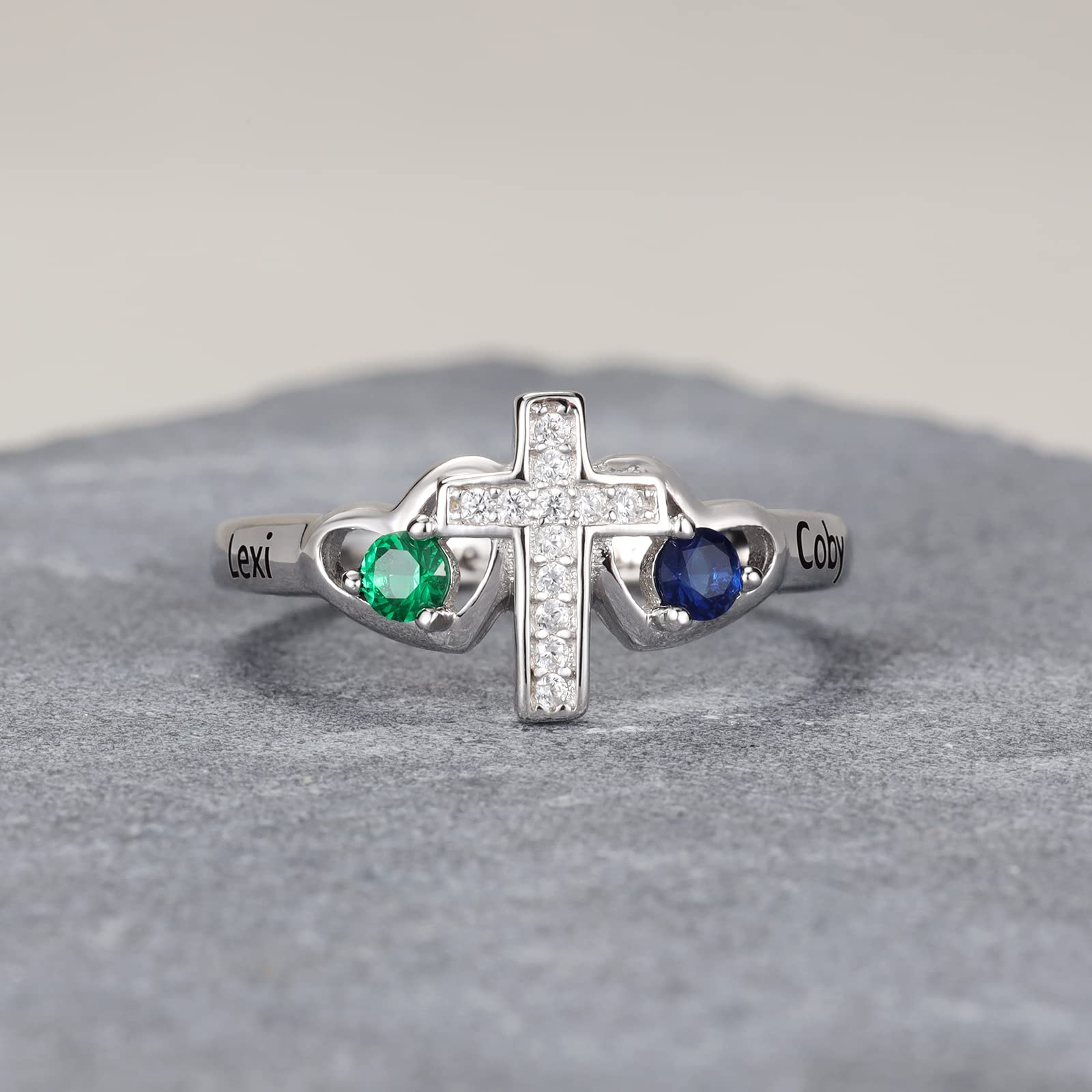 FenFang Personalized Cross Rings for Women with 2 Birthstone Custom Mom Rings with 2 Names Mothers Cross Name Rings Promise Rings for Her Mothers Day Gifts