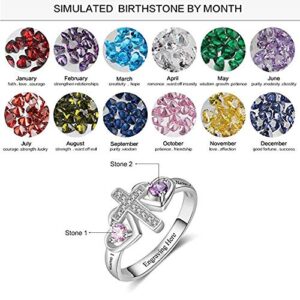 FenFang Personalized Cross Rings for Women with 2 Birthstone Custom Mom Rings with 2 Names Mothers Cross Name Rings Promise Rings for Her Mothers Day Gifts