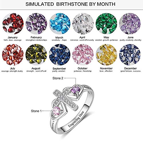 FenFang Personalized Cross Rings for Women with 2 Birthstone Custom Mom Rings with 2 Names Mothers Cross Name Rings Promise Rings for Her Mothers Day Gifts