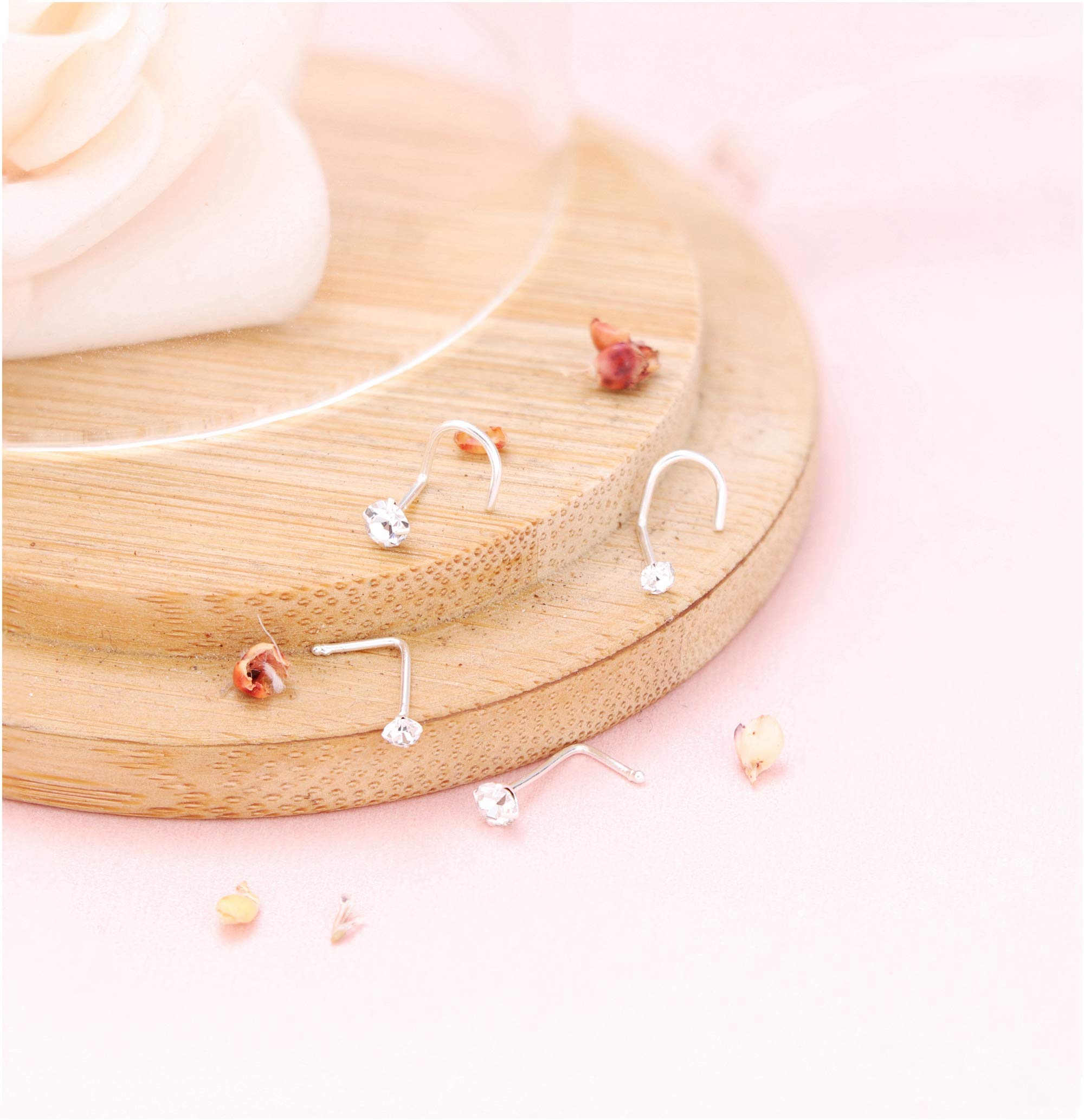 Sllaiss 925 Sterling Silver L Shaped Nose Rings Set for Women Men Crook Nose Rings Screw Studs 1.5mm 2mm 2.5mm 3mm 8Pcs 22G Nose Body Piercing Hypoallergenic