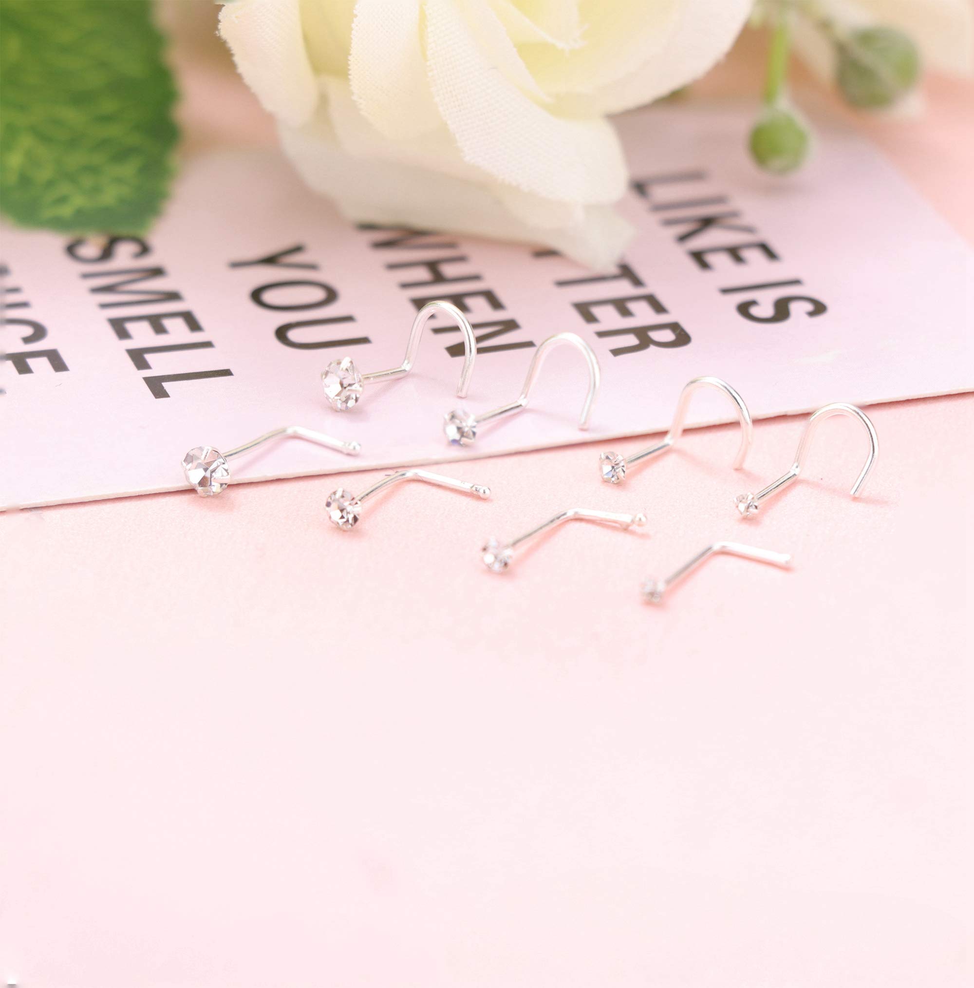 Sllaiss 925 Sterling Silver L Shaped Nose Rings Set for Women Men Crook Nose Rings Screw Studs 1.5mm 2mm 2.5mm 3mm 8Pcs 22G Nose Body Piercing Hypoallergenic