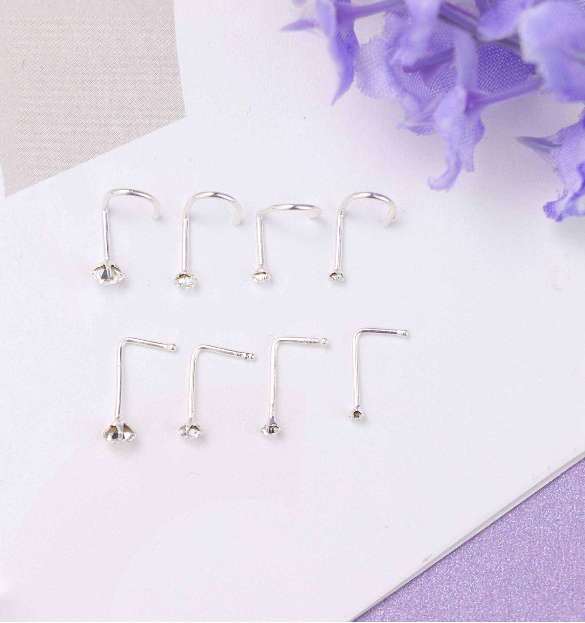 Sllaiss 925 Sterling Silver L Shaped Nose Rings Set for Women Men Crook Nose Rings Screw Studs 1.5mm 2mm 2.5mm 3mm 8Pcs 22G Nose Body Piercing Hypoallergenic