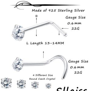 Sllaiss 925 Sterling Silver L Shaped Nose Rings Set for Women Men Crook Nose Rings Screw Studs 1.5mm 2mm 2.5mm 3mm 8Pcs 22G Nose Body Piercing Hypoallergenic