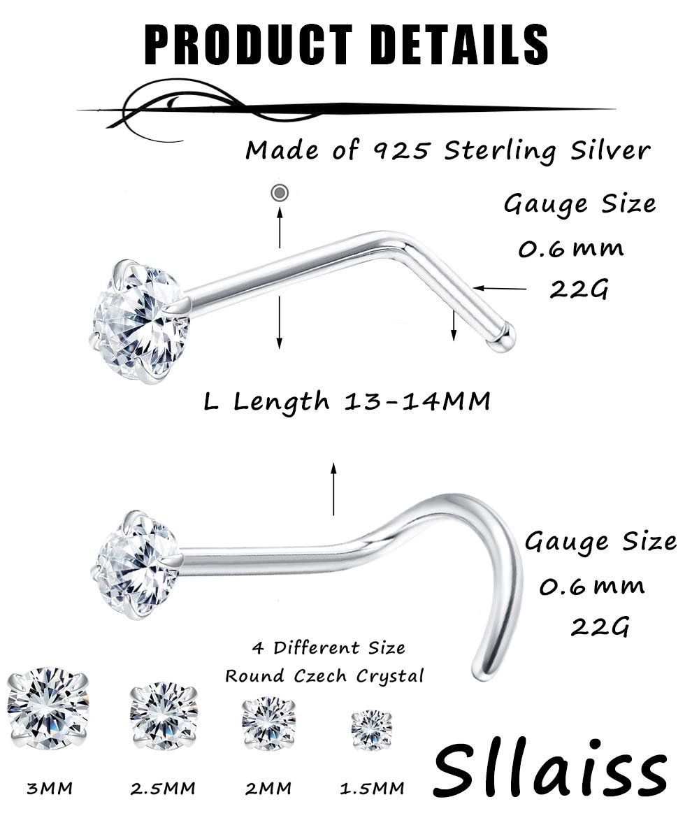 Sllaiss 925 Sterling Silver L Shaped Nose Rings Set for Women Men Crook Nose Rings Screw Studs 1.5mm 2mm 2.5mm 3mm 8Pcs 22G Nose Body Piercing Hypoallergenic