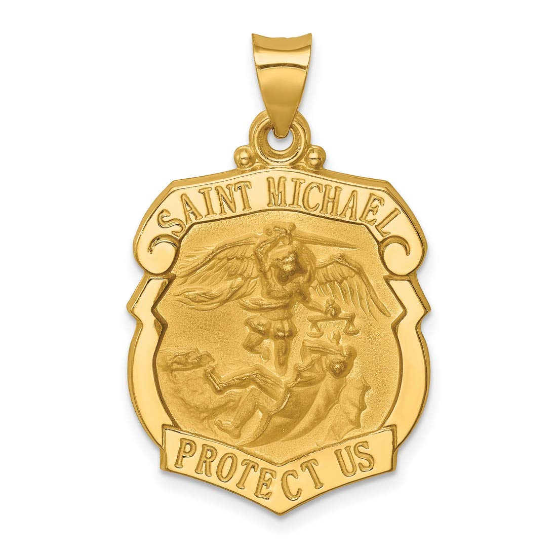 Jewelry Stores Network Hollow Saint Michael Protect Us Police Officer Badge Pendant in Real 14k Yellow Gold 25x21mm