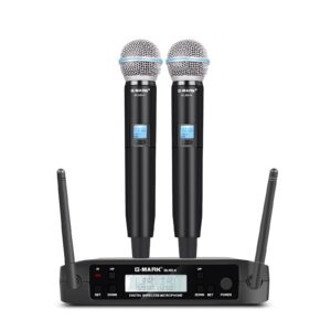 g-mark wireless microphone, glxd4 professional karaoke microphone dual uhf cordless dynamic mic system, frequency adjustable for meeting, party, church, dj, wedding, home ktv set, 200ft