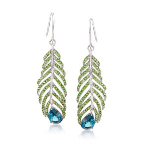 ross-simons 5.50 ct. t.w. london blue topaz and 3.30 ct. t.w. green tourmaline feather earrings in sterling silver