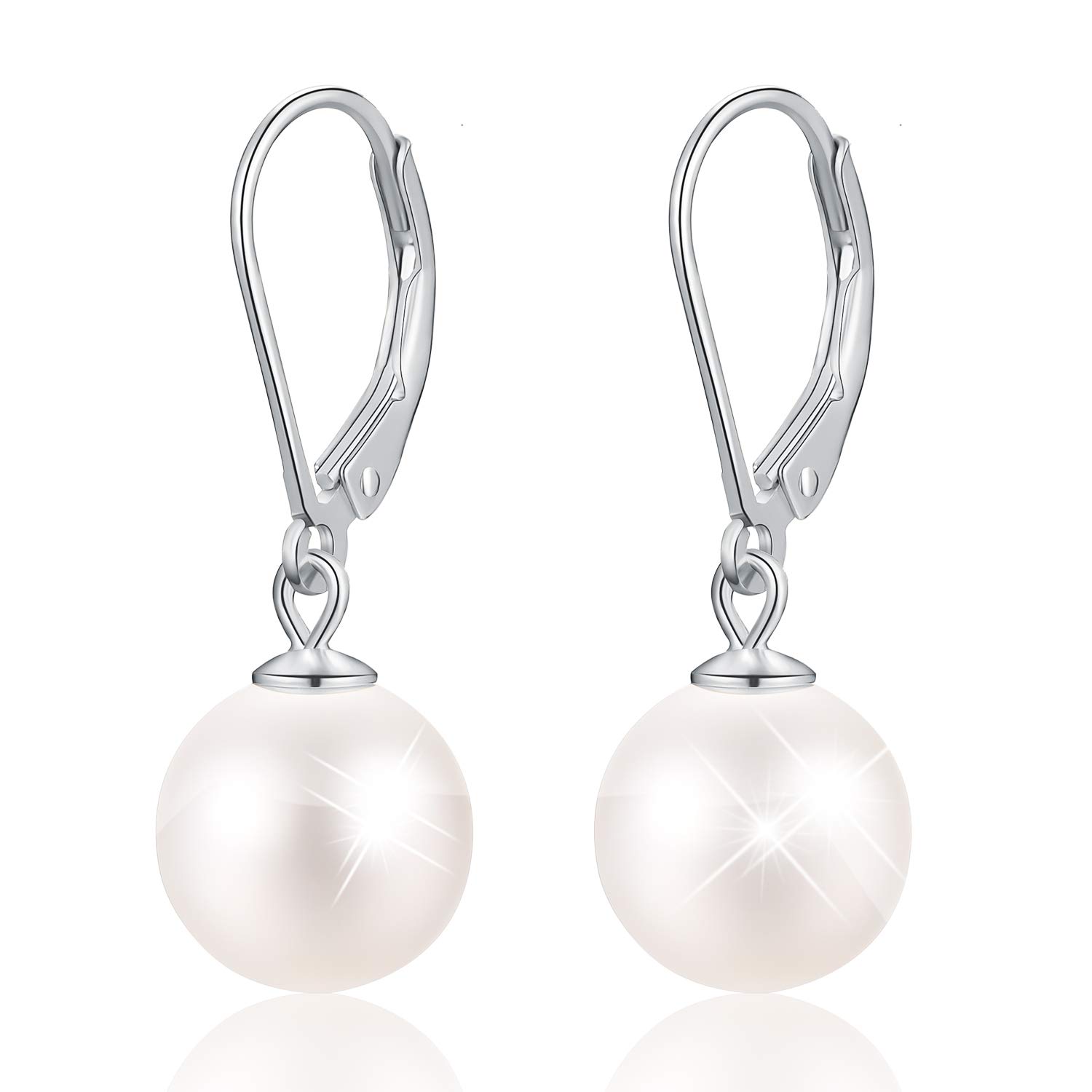 Esberry 925 Sterling Shell Pearl Silver Earrings 6-12mm Handpicked White Shell Pearl Drop Leverback Earrings for Women and Girls