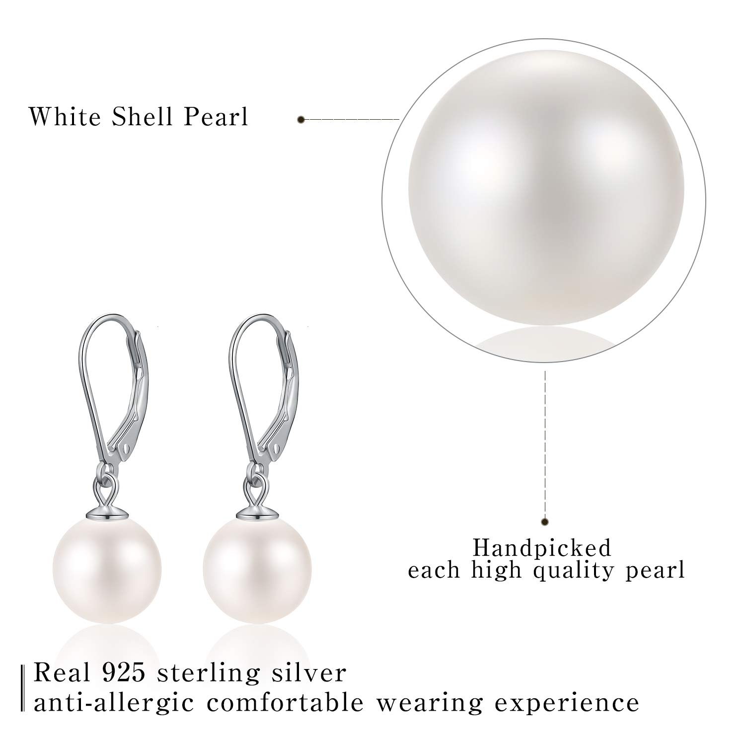 Esberry 925 Sterling Shell Pearl Silver Earrings 6-12mm Handpicked White Shell Pearl Drop Leverback Earrings for Women and Girls