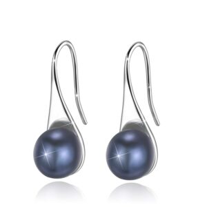 pearl earrings for women, 925 sterling silver freshwater cultured pearl drop dangle hook earring jewelry (classic white gold plated sterling silver dark blue pearl, 0.31-0.33 inches)