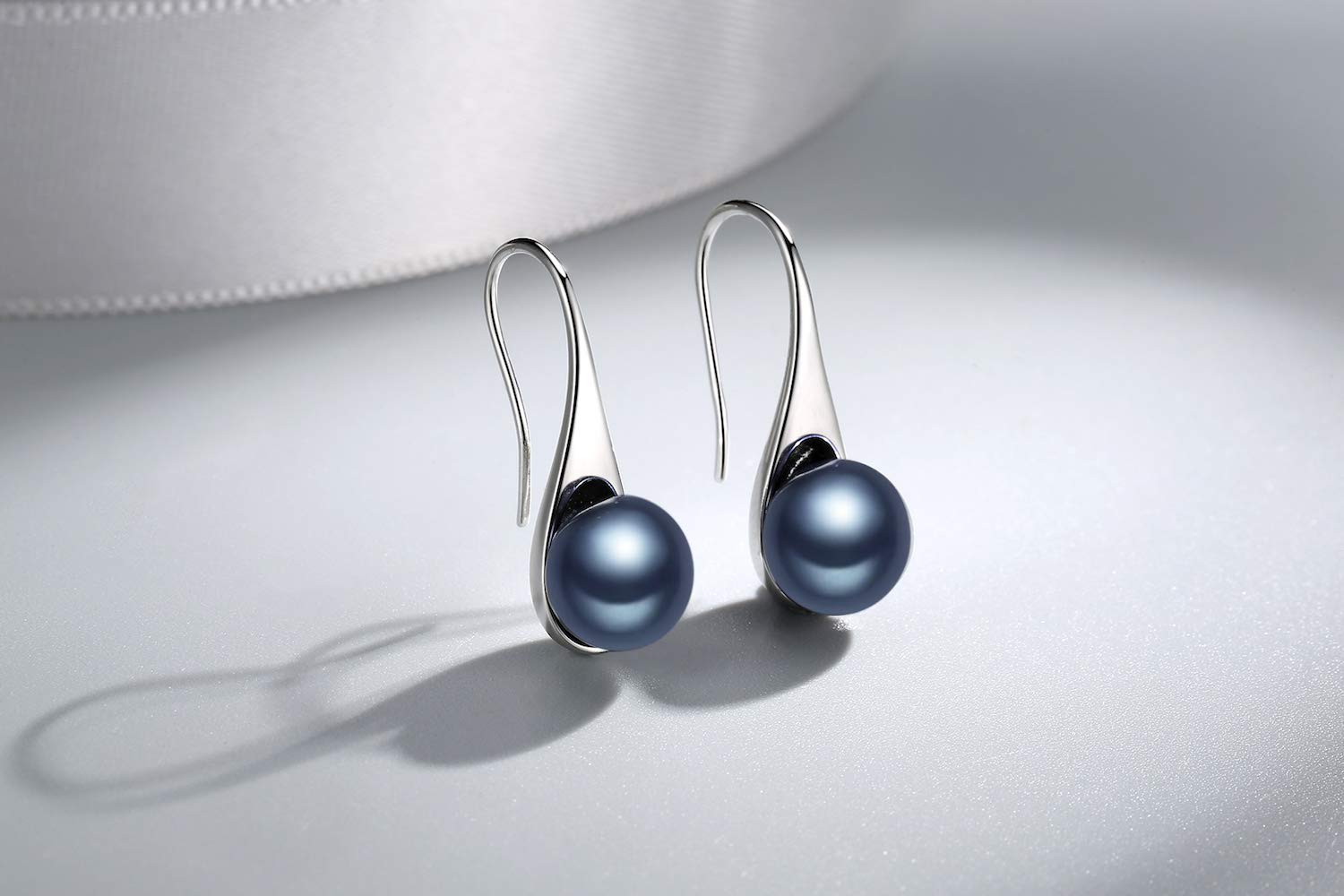 Pearl Earrings For Women, 925 Sterling Silver Freshwater Cultured Pearl Drop Dangle Hook Earring Jewelry (Classic White Gold Plated Sterling Silver Dark Blue Pearl, 0.31-0.33 inches)