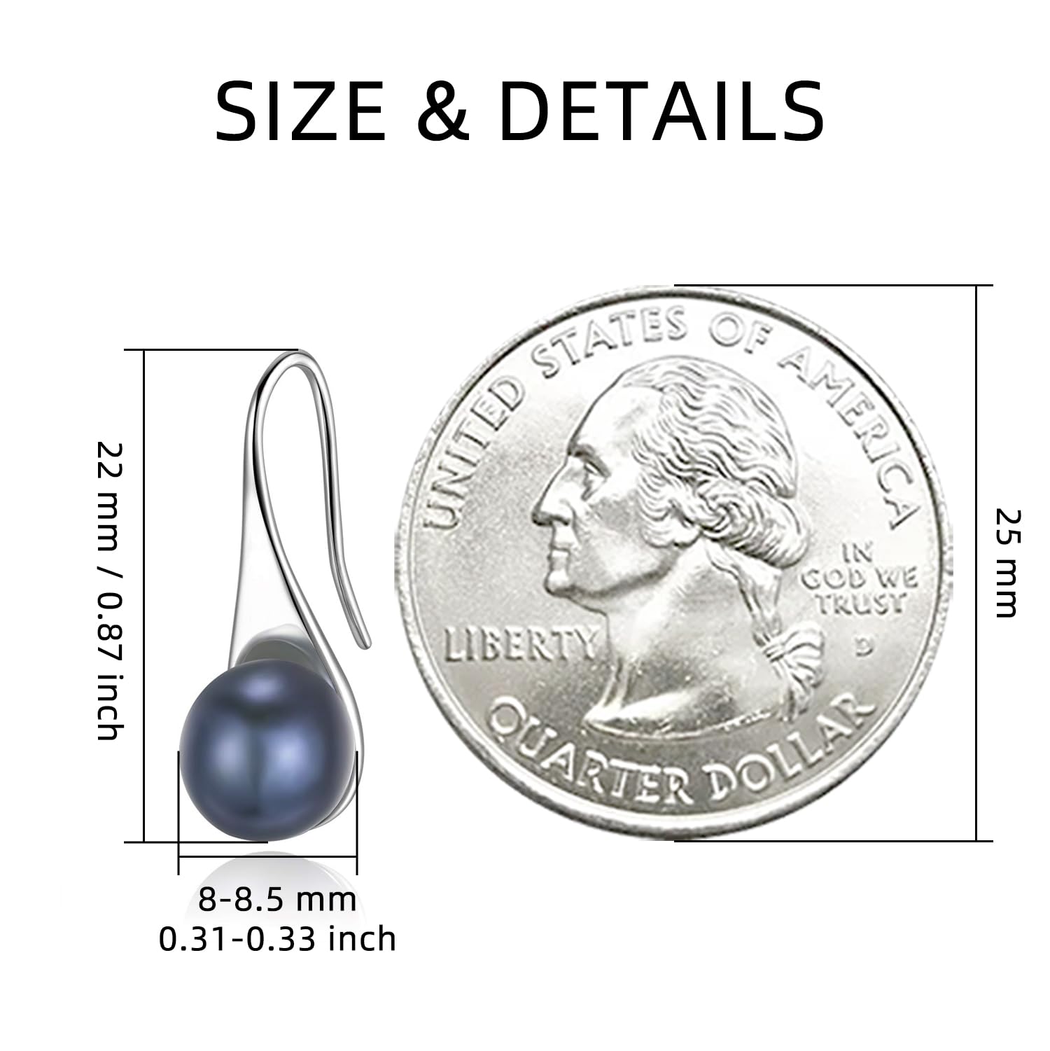 Pearl Earrings For Women, 925 Sterling Silver Freshwater Cultured Pearl Drop Dangle Hook Earring Jewelry (Classic White Gold Plated Sterling Silver Dark Blue Pearl, 0.31-0.33 inches)