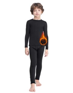 mancyfit thermal underwear for boys fleece lined long johns set kids base layer ultra soft black small