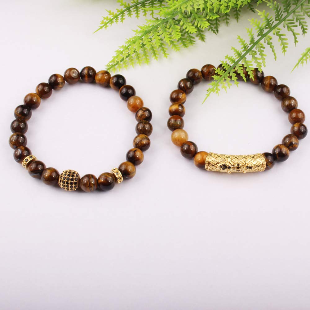 BOMAIL 8mm Tiger Eye Stone Beads Bracelet Elastic Natural Stone Yoga Bracelet for Women Men