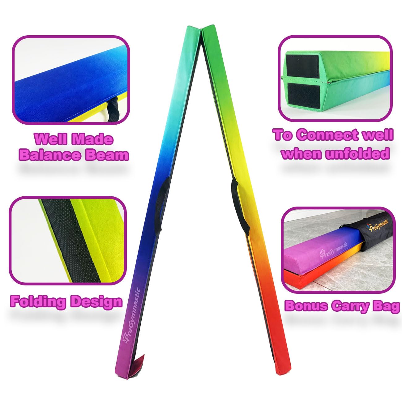 PreGymnastic 6FT/8FT/9.5FT Folding Balance Beam for Kids 3-12,Foldable Gymnastics Floor Beam-Extra Firm Suede Cover with Carry Bag for Home-Gym Equipment for Toddler Teenage (Rainbow, 9.5ft)