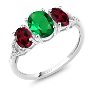 gem stone king 10k white gold green simulated emerald red rhodolite garnet and diamond 3-stone engagement ring for women (1.62 cttw, gemstone birthstone, available in size 5, 6, 7, 8, 9)