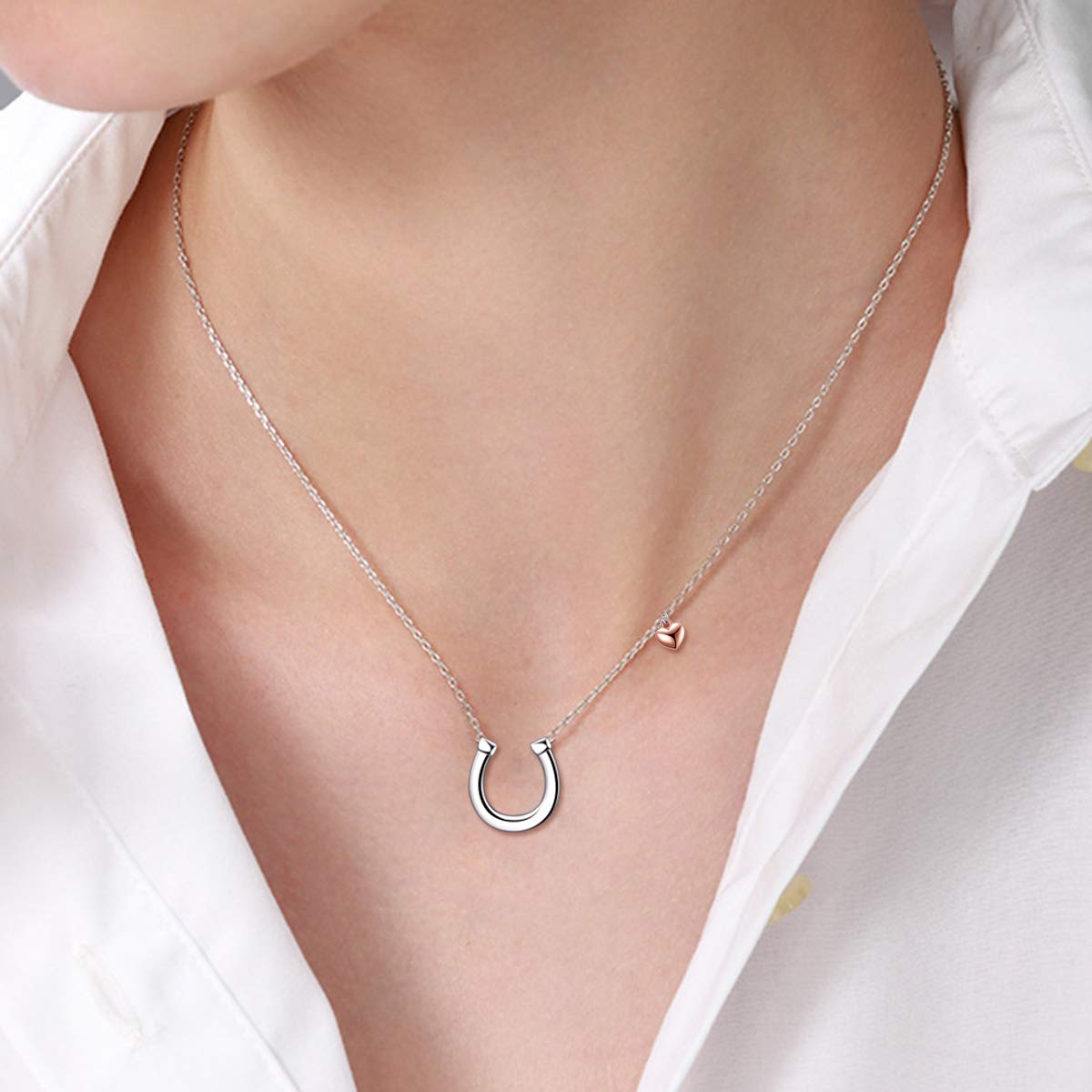 POPLYKE Horseshoe Necklace for Women Sterling Silver Horse Jewelry Gifts 15+2'' (silver)