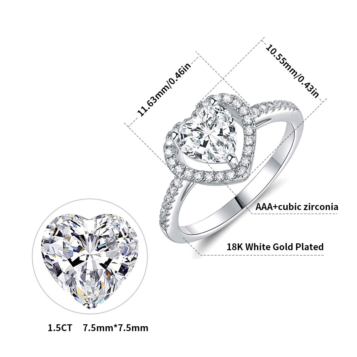 18K White Gold Plated Heart Cubic Zirconia Rings for Women Wedding Promise Engagement Size 7