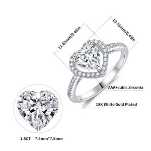 18K White Gold Plated Heart Cubic Zirconia Rings for Women Wedding Promise Engagement Size 8