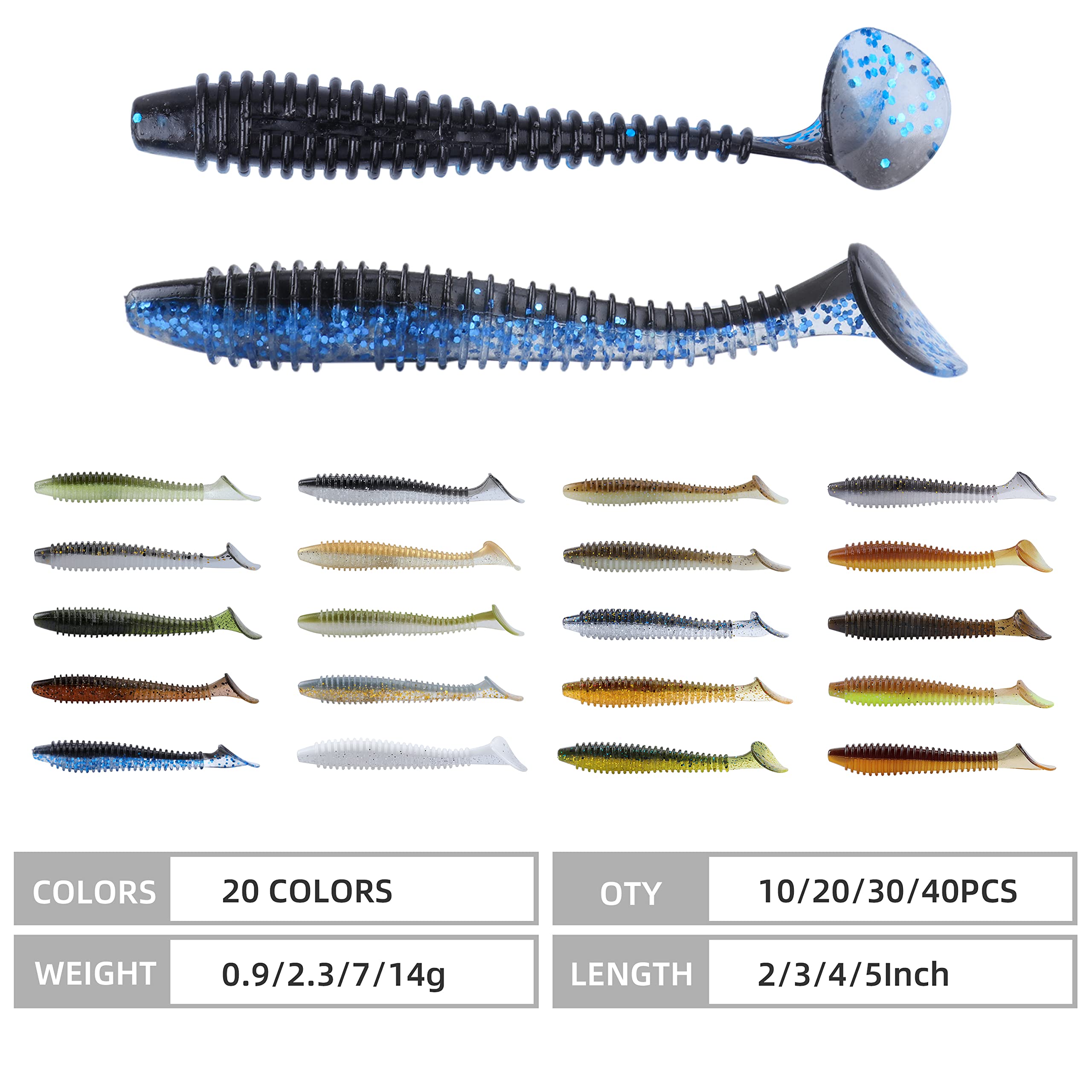 RUNCL Swimbaits Paddle 10/20/30/40PCS, 5/4/3/2 Inchs Paddle Tail, Soft Lure for Trout Crappie Bass, Durable Plastic Bait Swimmer for Saltwater/Freshwater, Fishing Lover's Gift