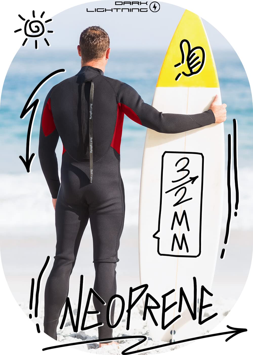 Dark Lightning Full Body Wetsuit Men and Women, 3/2mm Wet Suit Womens Mens Diving Surfing Snorkeling Kayaking Water Sports (Men - Black-3/2mm, Medium)