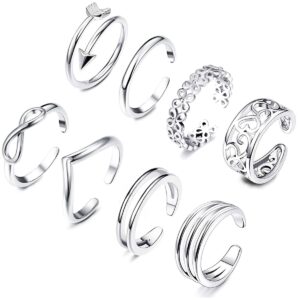 kohota 12pcs 18k gold plated adjustable toe rings for women summer beach open toe rings set flower arrow tail pinky band rings barefoot foot jewelry (silver color-8pcs)