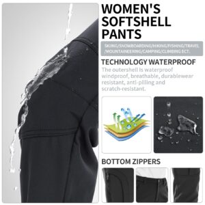 Womens Snow Pants Winter Waterproof Pants Outdoor Soft Shell Fleece Linded Cargo Ski Hiking Pants, Black 14