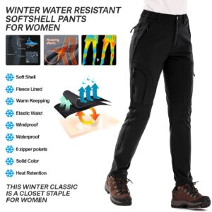 Womens Snow Pants Winter Waterproof Pants Outdoor Soft Shell Fleece Linded Cargo Ski Hiking Pants, Black 14