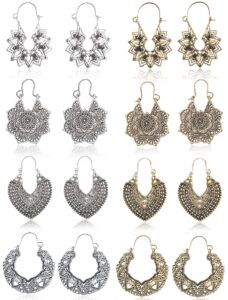 fibo steel 8 pairs vintage mandala flower gypsy drop dangle earrings for women boho retro tribal hollow earrings set